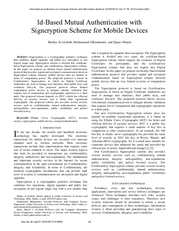 Pdf Id Based Mutual Authentication With Signcryption Scheme For Mobile Devices