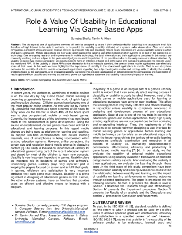 (PDF) Role & Value Of Usability In Educational Learning Via Game Based Apps