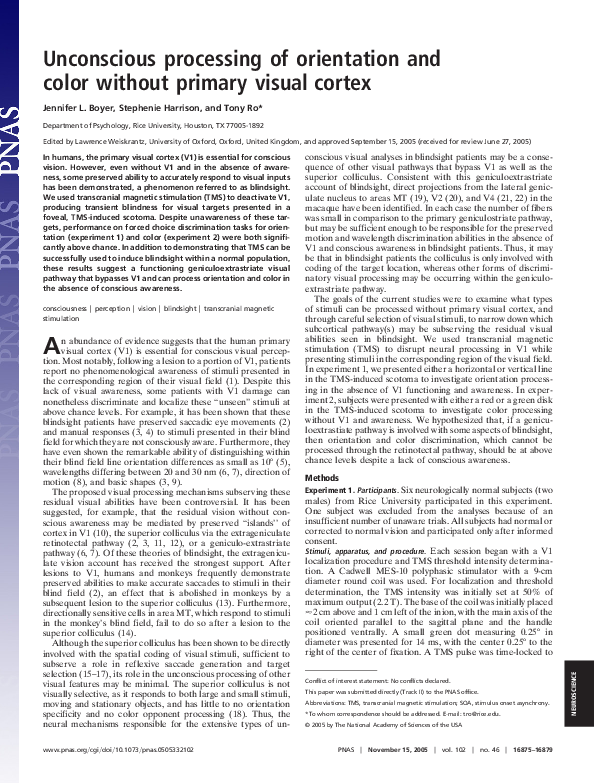 (PDF) Unconscious processing of orientation and color without primary visual cortex