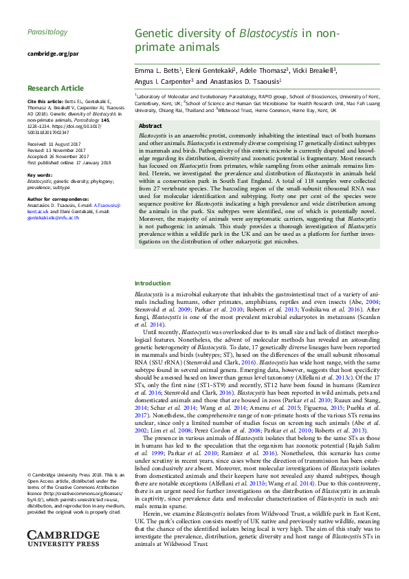 (PDF) Genetic diversity of Blastocystis in non-primate animals