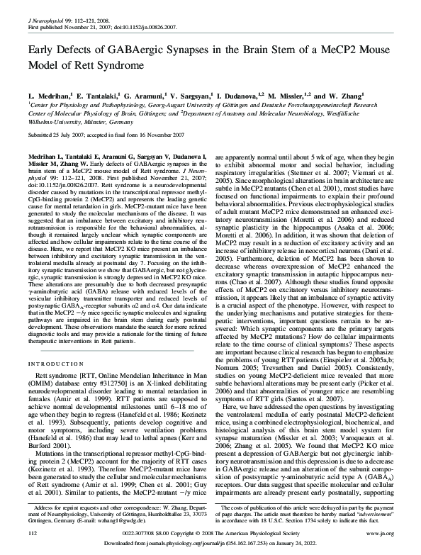 (PDF) Early Defects of GABAergic Synapses in the Brain Stem of a MeCP2 ...