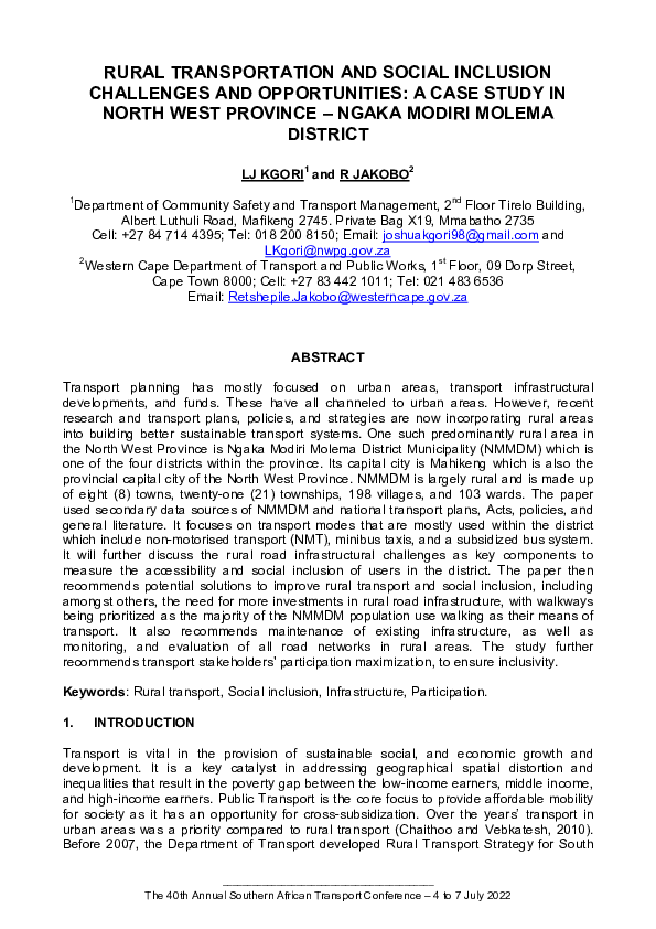 (PDF) RURAL TRANSPORTATION AND SOCIAL INCLUSION CHALLENGES AND ...