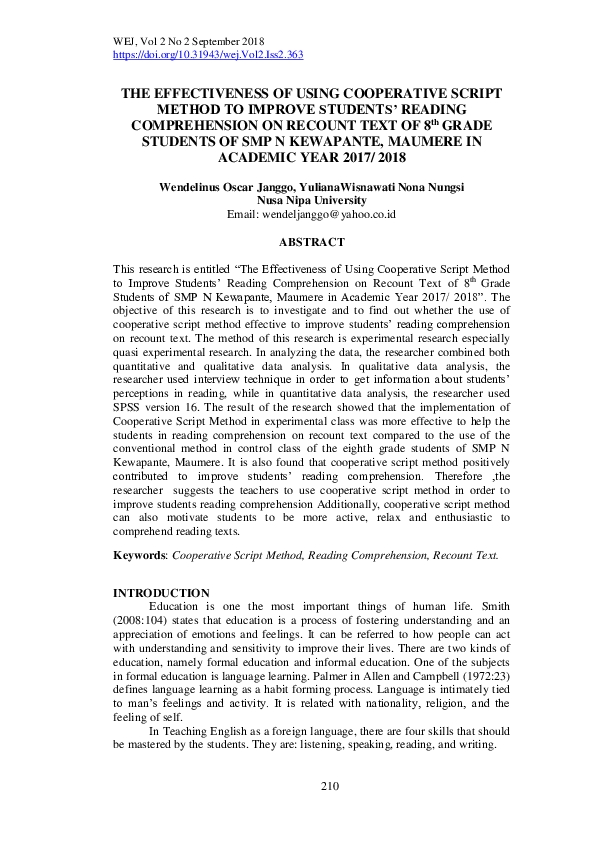(PDF) THE EFFECTIVENESS OF USING COOPERATIVE SCRIPT METHOD TO IMPROVE ...