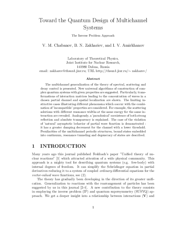 (PDF) Toward the Quantum Design of Multichannel Systems The Inverse Problem Approach