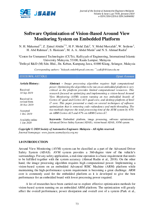 (PDF) Software Optimization of Vision-Based Around View Monitoring System on Embedded Platform
