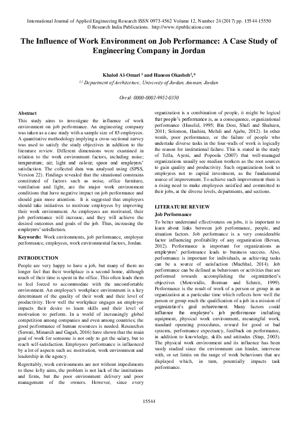 (PDF) The Influence of Work Environment on Job Performance : A Case ...