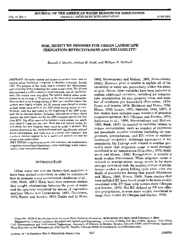 (PDF) Soil Moisture Sensors for Urban Landscape Irrigation: Effectiveness and Reliability 1 ...