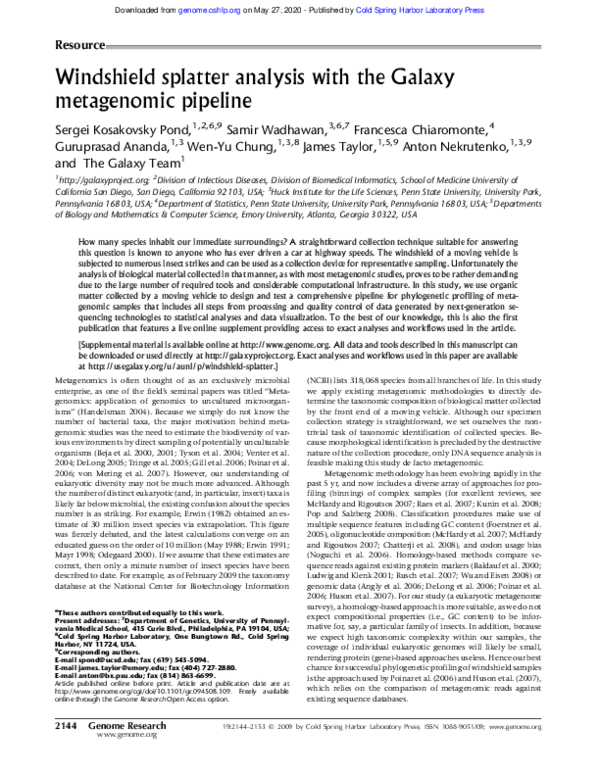 (PDF) Windshield splatter analysis with the Galaxy metagenomic pipeline