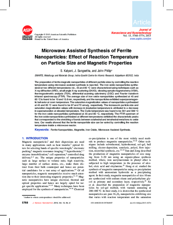 (PDF) Microwave Assisted Synthesis of Ferrite Nanoparticles and Nanofluids with Tunable Curie ...