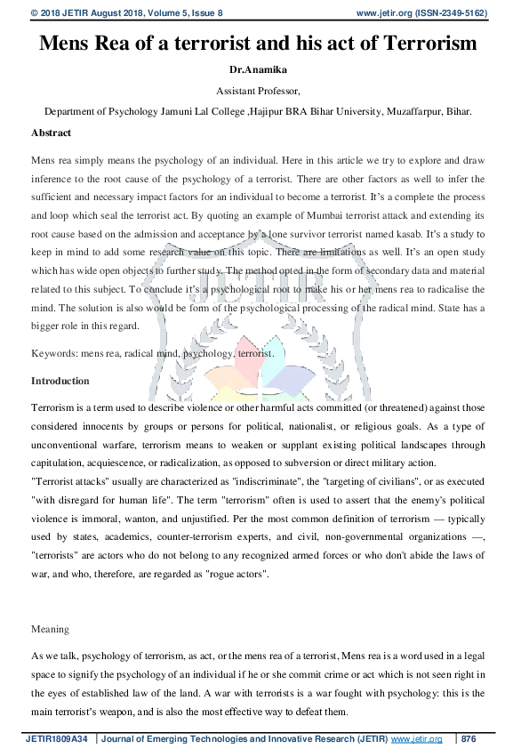 (PDF) Mens Rea of a terrorist and his act of Terrorism