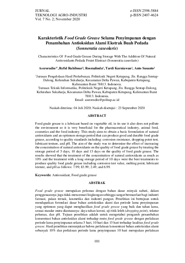 (PDF) Karakteristik Mutu Food Grade Grease Ramah Lingkungan Berbahan Baku Minyak Bekas ...