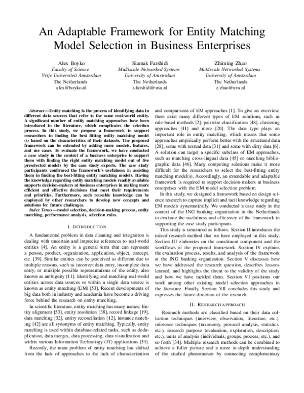 (PDF) An Adaptable Framework for Entity Matching Model Selection in Business Enterprises