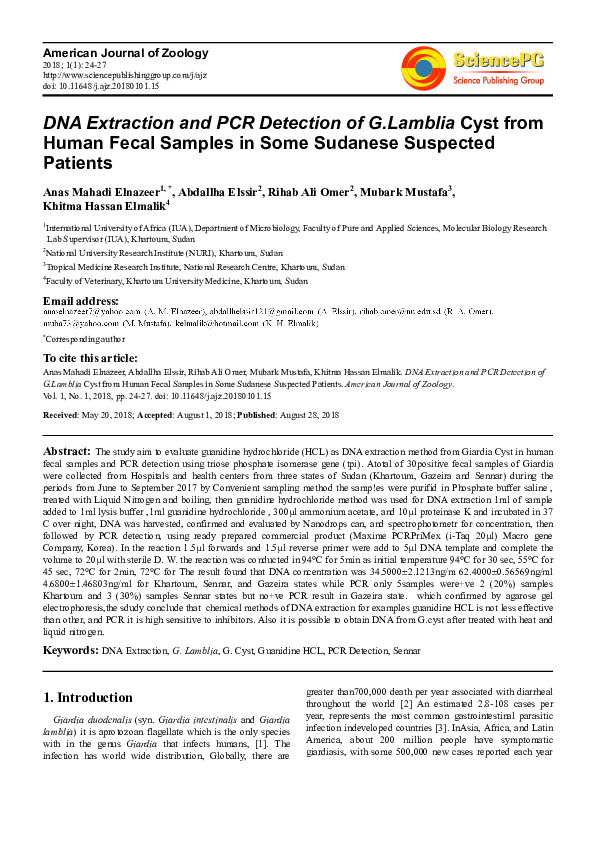 (PDF) DNA Extraction and PCR Detection of G.Lamblia Cyst from Human ...