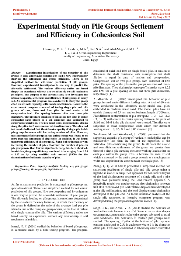 (PDF) Experimental Study on Pile Groups Settlement and Efficiency in Cohesionless Soil