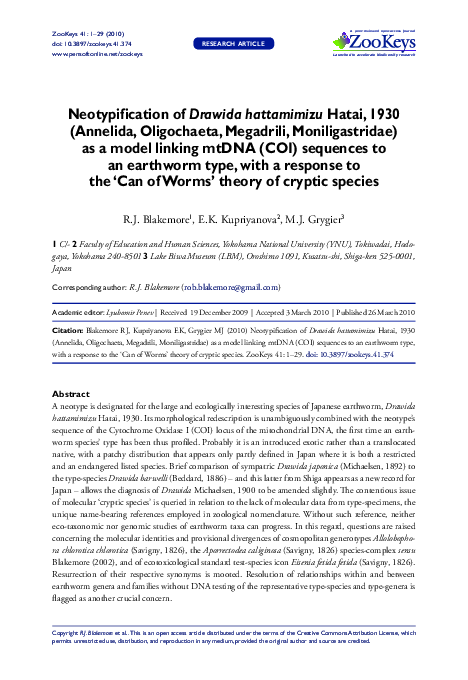 (PDF) Neotypification of Drawida hattamimizu Hatai, 1930 (Annelida ...