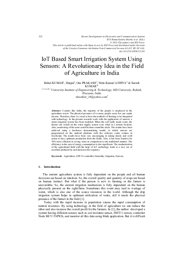 (PDF) IoT Based Smart Irrigation System Using Sensors: A Revolutionary Idea in the Field of ...