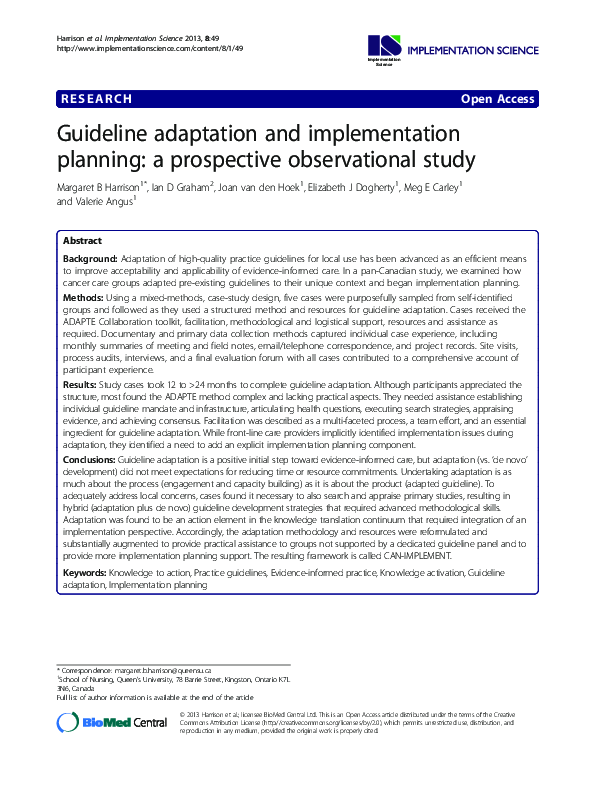 (PDF) Guideline adaptation and implementation planning: a prospective ...