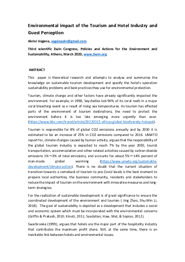 (PDF) Environmental impact of the Tourism and Hotel Industry and Guest ...