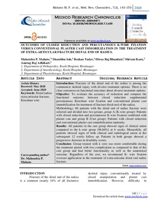 (PDF) Outcomes of Closed Reduction and Percutaneous K-Wire Fixation ...