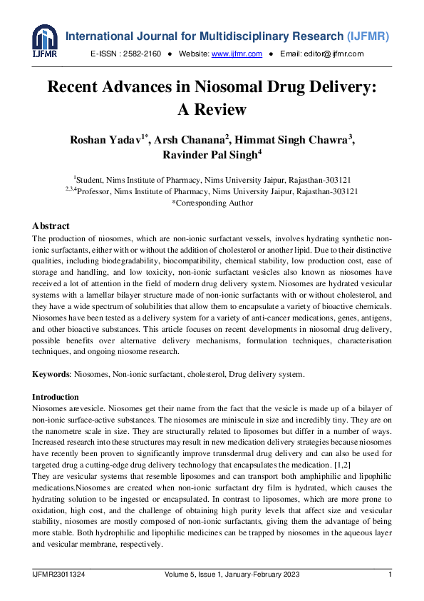 Pdf Recent Advances In Niosomal Drug Delivery A Review