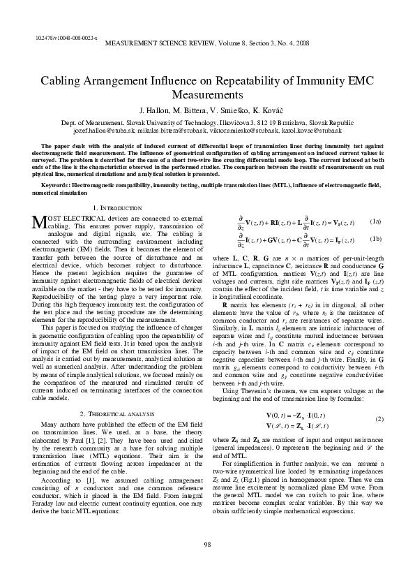 (PDF) Cabling Arrangement Influence on Repeatability of Immunity EMC ...