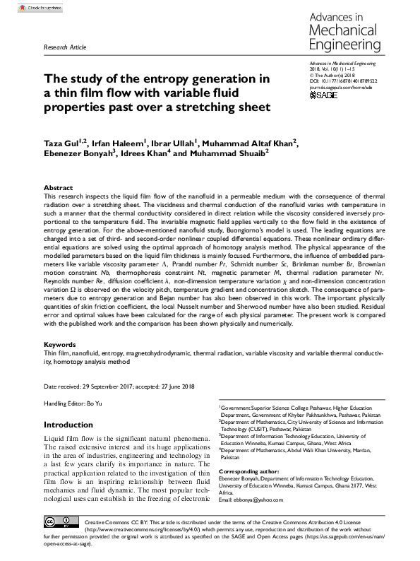 (PDF) The study of the entropy generation in a thin film flow with variable fluid properties ...