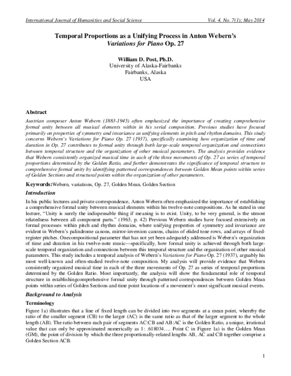 (PDF) Temporal Proportions as a Unifying Process in Anton Webern's Variations for Piano Op. 27