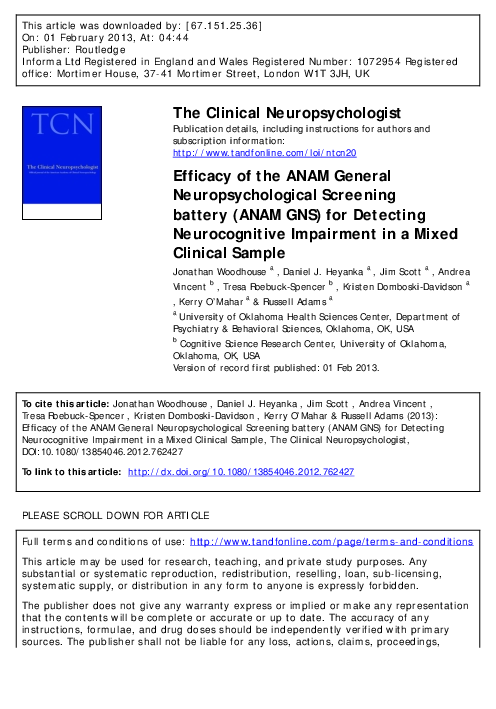 (PDF) Efficacy of the ANAM General Neuropsychological Screening battery ...
