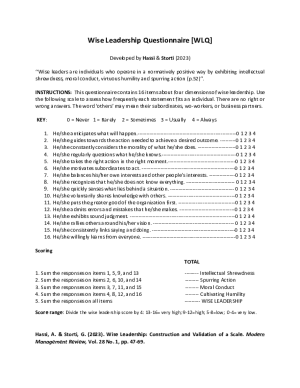 (PDF) Wise Leadership Questionnaire [WLQ]