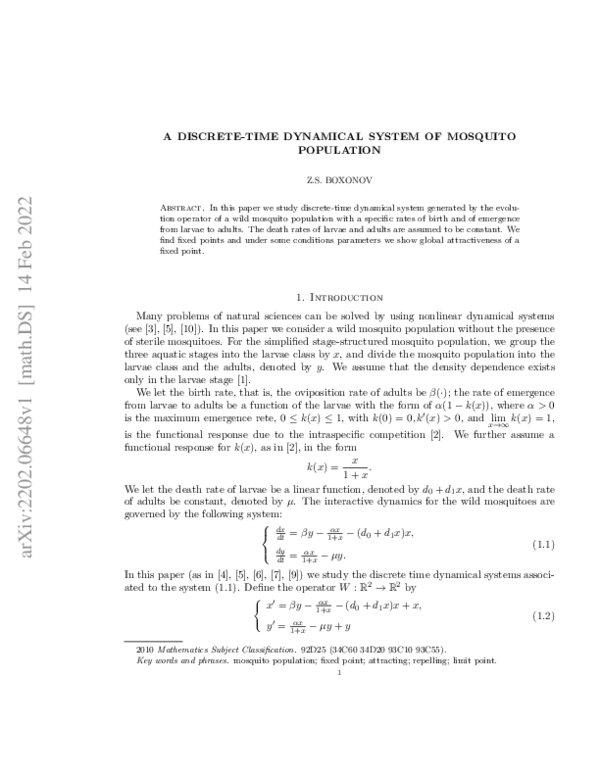(PDF) A discrete-time dynamical system of mosquito population