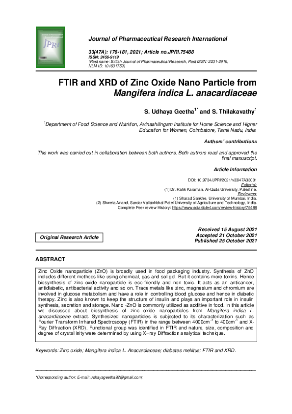 (PDF) FTIR and XRD of Zinc Oxide Nano Particle from Mangifera indica L ...
