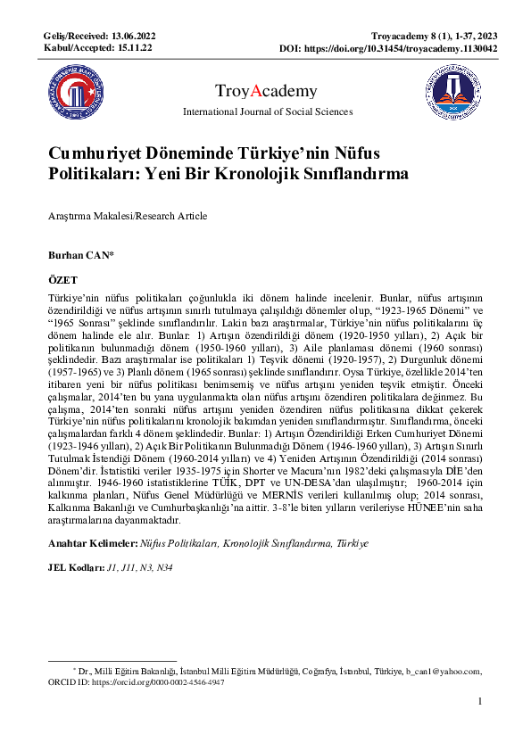 (PDF) Cumhuriyet Döneminde Türkiye'nin Nüfus Politikaları: Yeni Bir Kronolojik Sınıflandırma