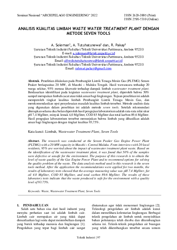 (PDF) Analisis Kualitas Limbah Waste Water Treatment Plant Pada Pltmg ...