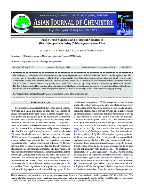 (PDF) Facile Green Synthesis and Biological Activities of Silver ...