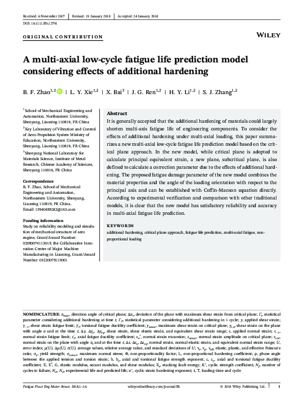 Pdf A Multiaxial Low Cycle Fatigue Life Prediction Model For Both Proportional And Non