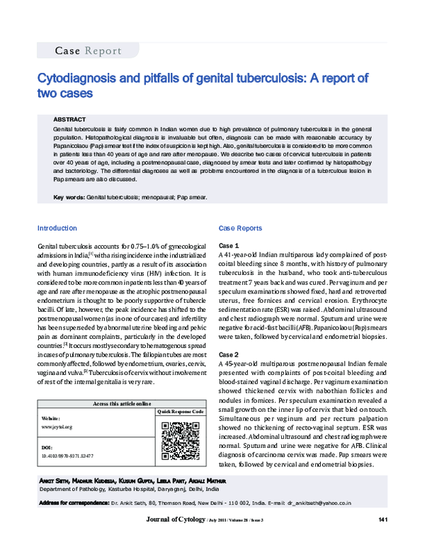 (PDF) Cytodiagnosis and pitfalls of genital tuberculosis: A report of ...