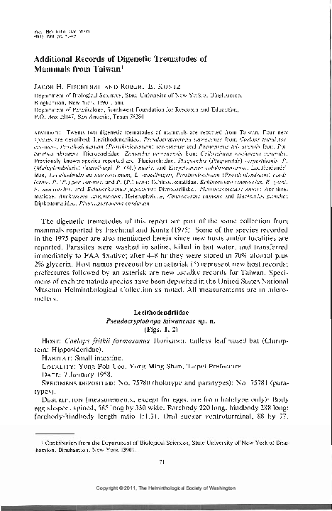 (PDF) Additional Records of Digenetic Trematodes of Birds from Taiwan