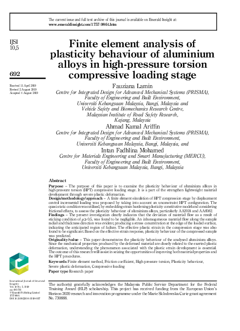 (PDF) Finite element analysis of plasticity behaviour of aluminium alloys in high-pressure ...