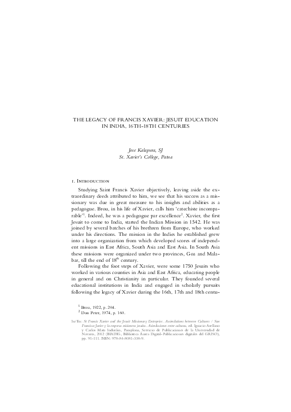(PDF) The legacy of Francis Xavier: Jesuit education in India, 16th ...