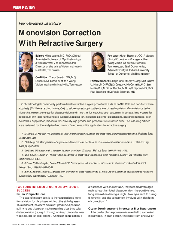(PDF) Peer-Reviewed Literature : Monovision Correction With Refractive ...