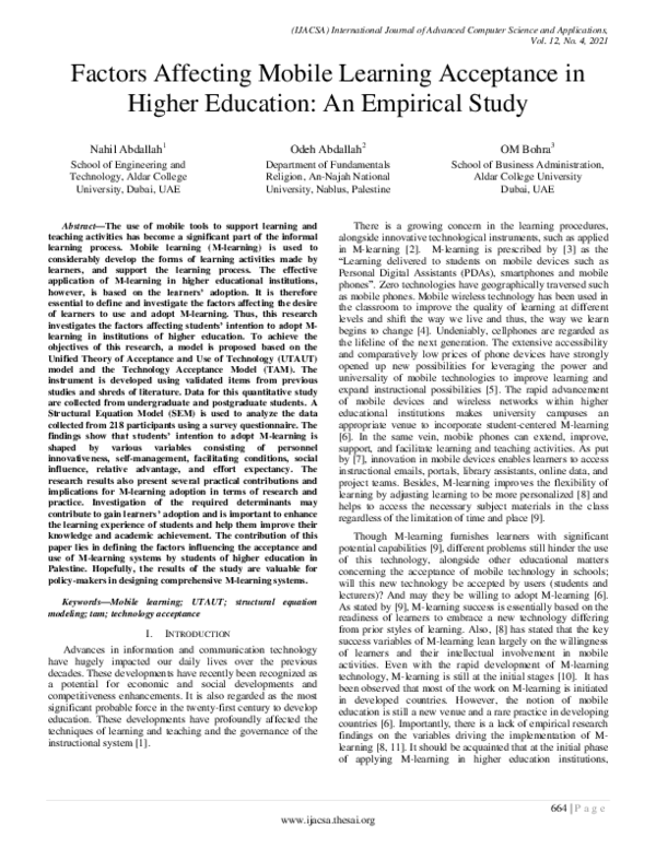 (PDF) Factors Affecting Mobile Learning Acceptance in Higher Education: An Empirical Study