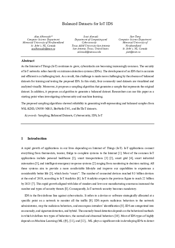 (PDF) Balanced Datasets for IoT IDS (PDF) Balanced Datasets for IoT IDS