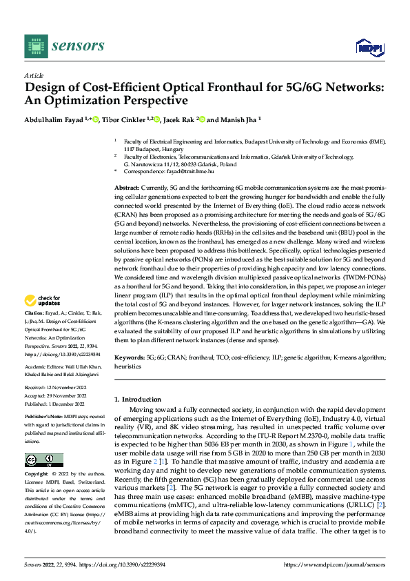 (PDF) Design of Cost-Efficient Optical Fronthaul for 5G/6G Networks: An Optimization Perspective