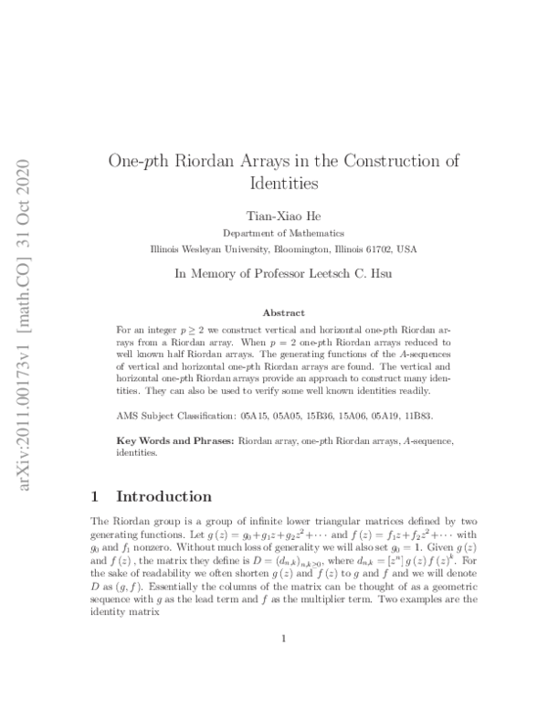 (PDF) One-pth Riordan Arrays in the Construction of Identities