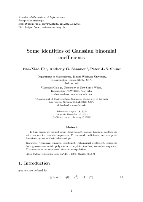 (PDF) Some identities of Gaussian binomial coefficients