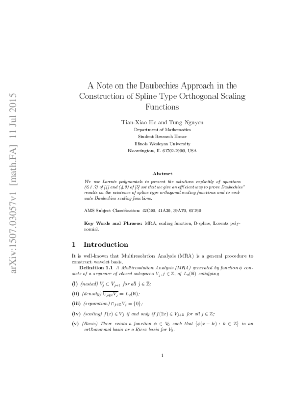 (PDF) A Note on the Daubechies Approach in the Construction of Spline Type Orthogonal Scaling ...