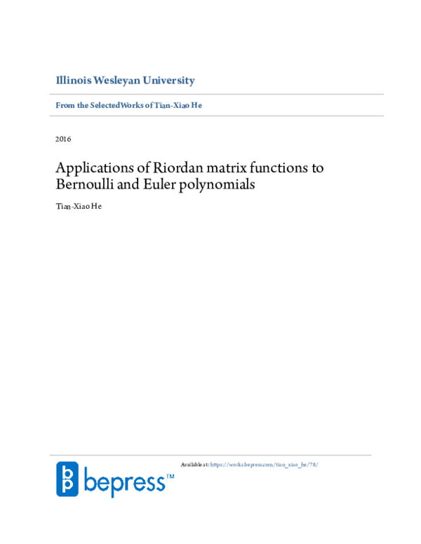 (PDF) Applications of Riordan matrix functions to Bernoulli and Euler polynomials | Tian-Xiao He ...