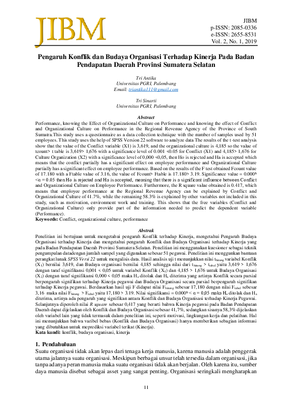 (PDF) Pengaruh Konflik dan Budaya Organisasi Terhadap Kinerja Pada Badan Pendapatan Daerah ...