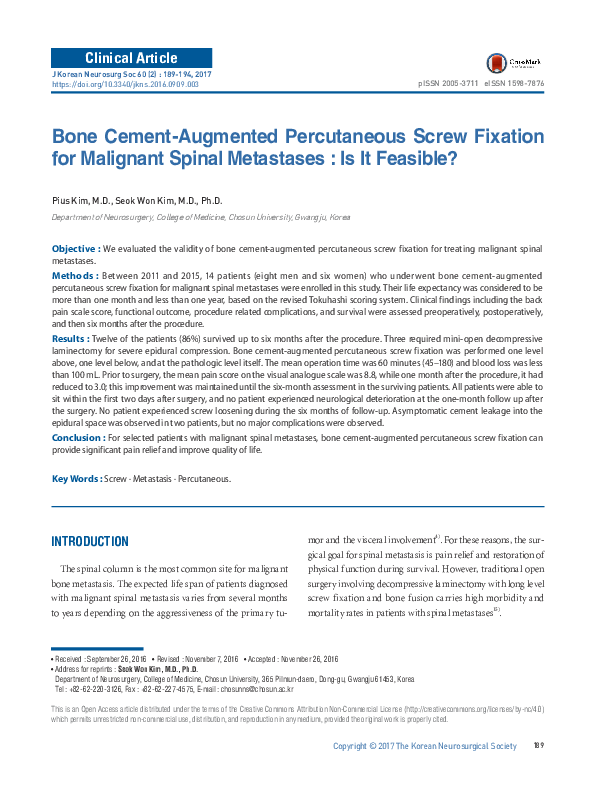 (PDF) Bone Cement-Augmented Percutaneous Screw Fixation for Malignant ... (PDF) Bone Cement-Augmented Percutaneous Screw Fixation for Malignant ...