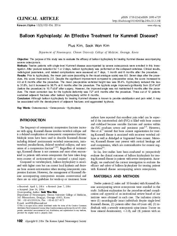 (PDF) Balloon Kyphoplasty: An Effective Treatment for Kummell Disease?